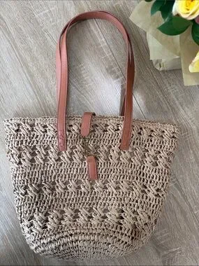 Yves Saint Laurent | Bags | Yves Saint Laurent Beige Woven Tote With ...